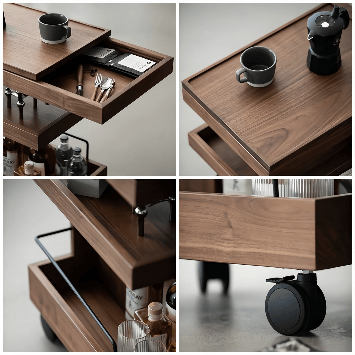 Livingroom Movable Walnut Finish Coffee Table Trolley Cars Vintage Bar ...