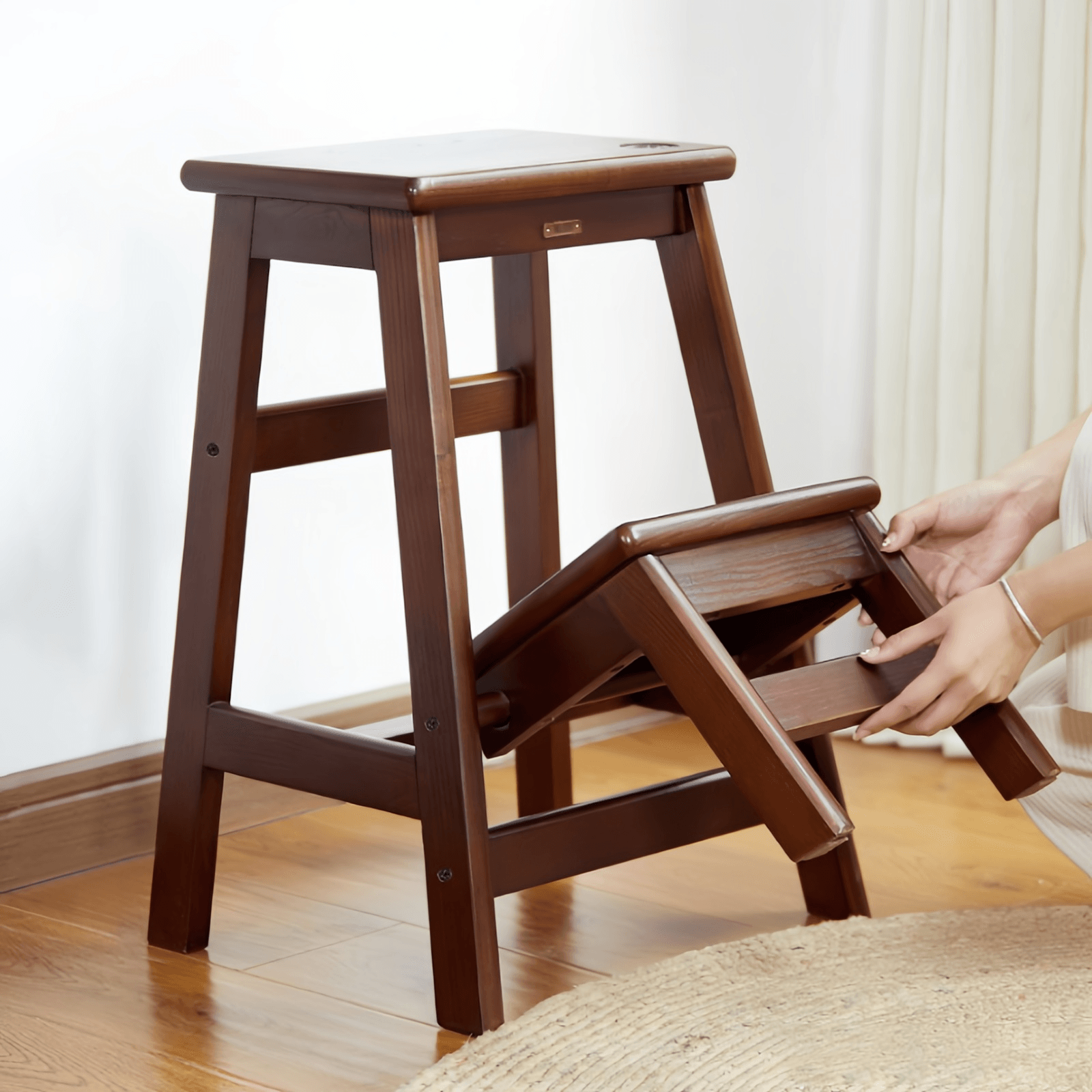 2 Tier Folding Step Ladder Multifunction Wood Step Stool Display Ladde ...