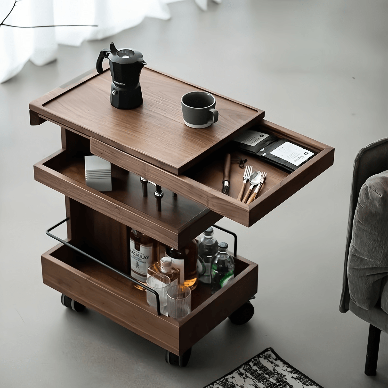 Livingroom Movable Walnut Finish Coffee Table Trolley Cars Vintage Bar ...