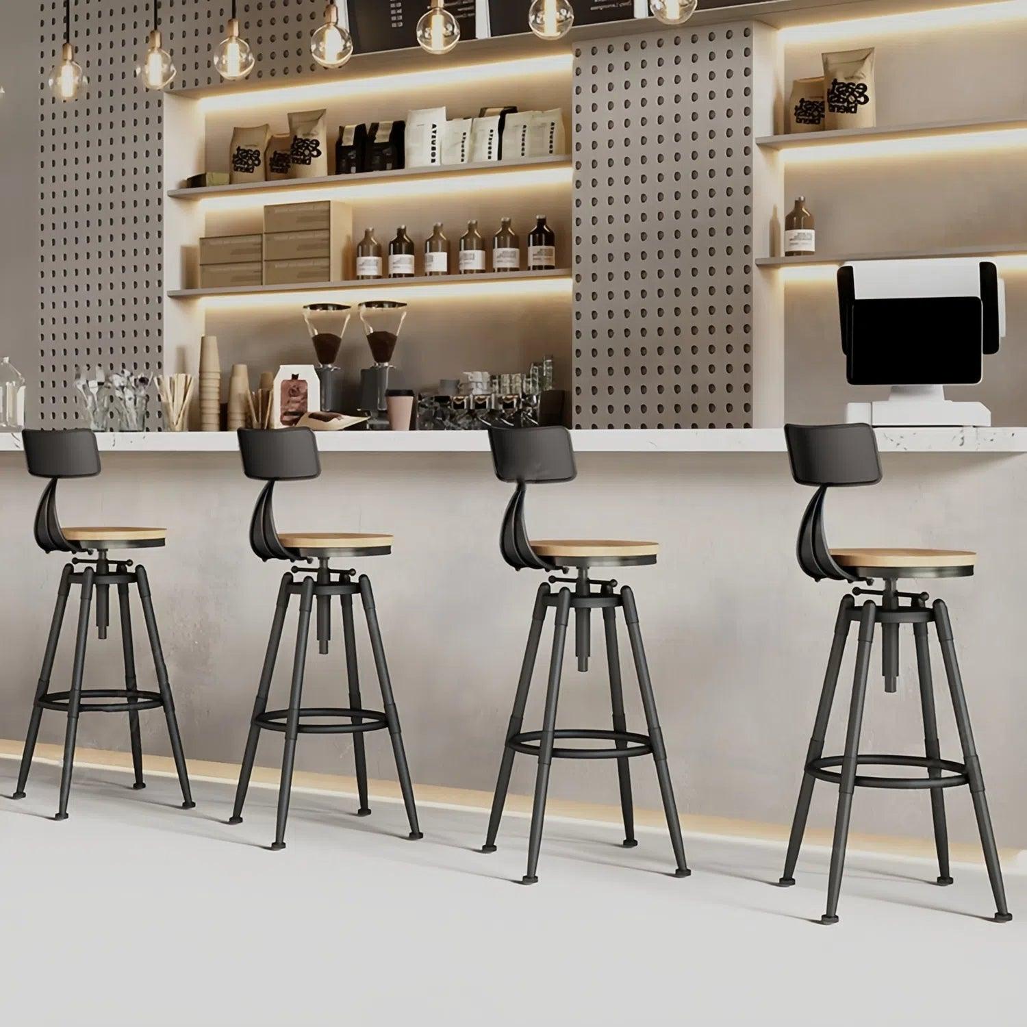 Height Adjustable Counter Stools with Back | Solid Wood Steel Swivel L ...