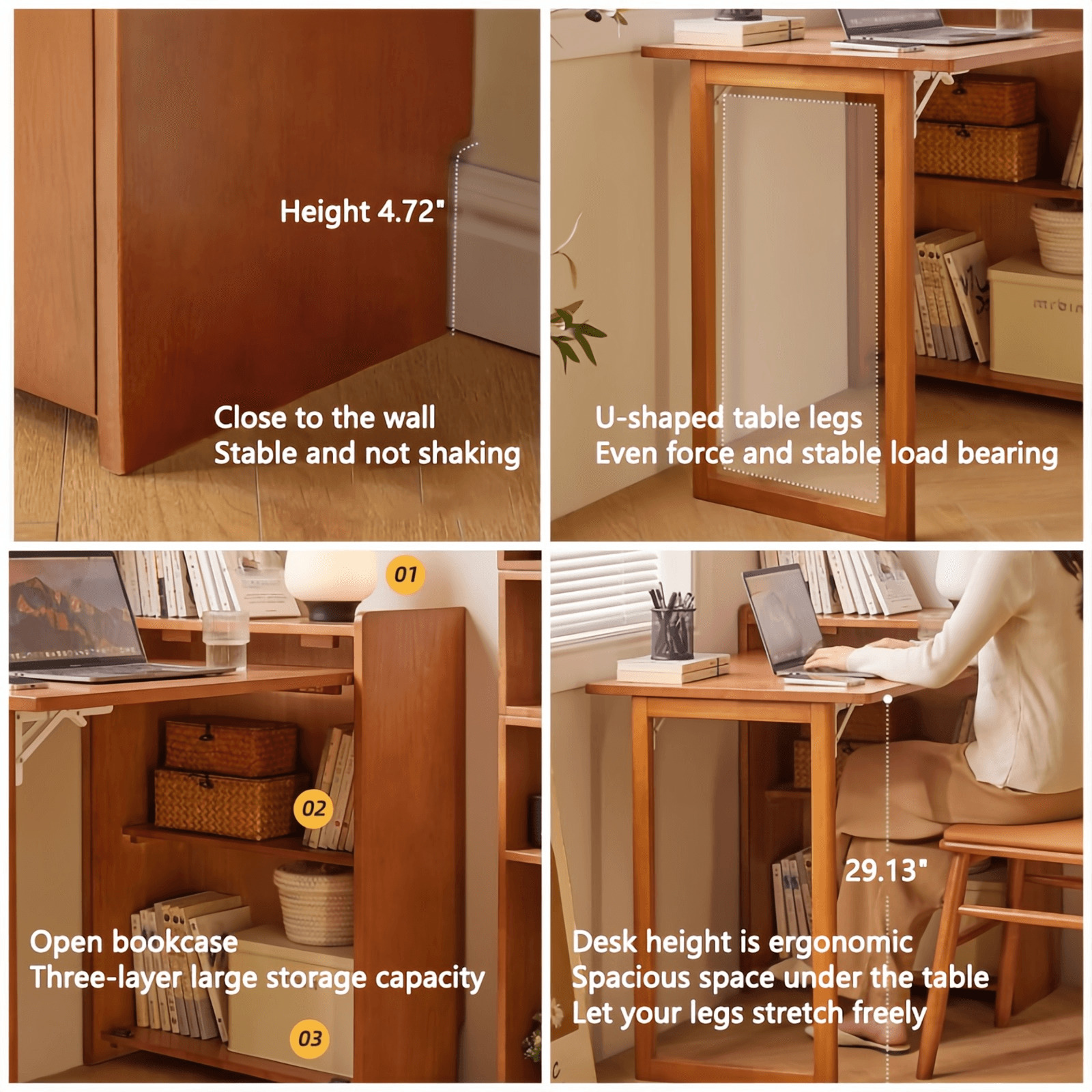 Square Fold Out Table Collapsible Table Wooden Foldable Desk with Stor ...