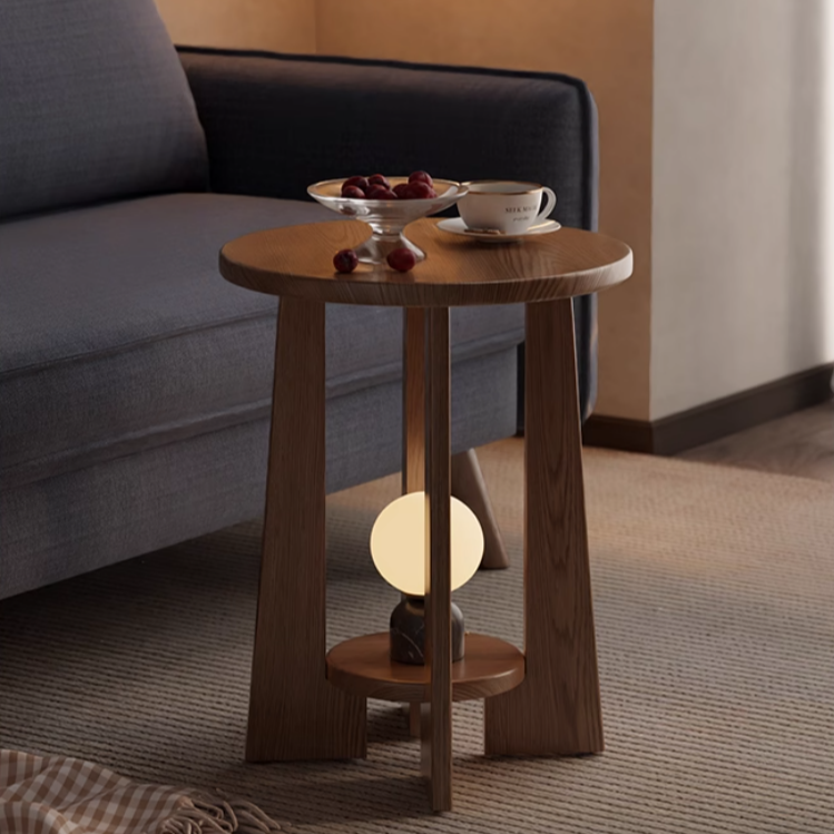Solid Wood Round Side Table, Double-Tiered Sofa Side Table, Multifunct ...