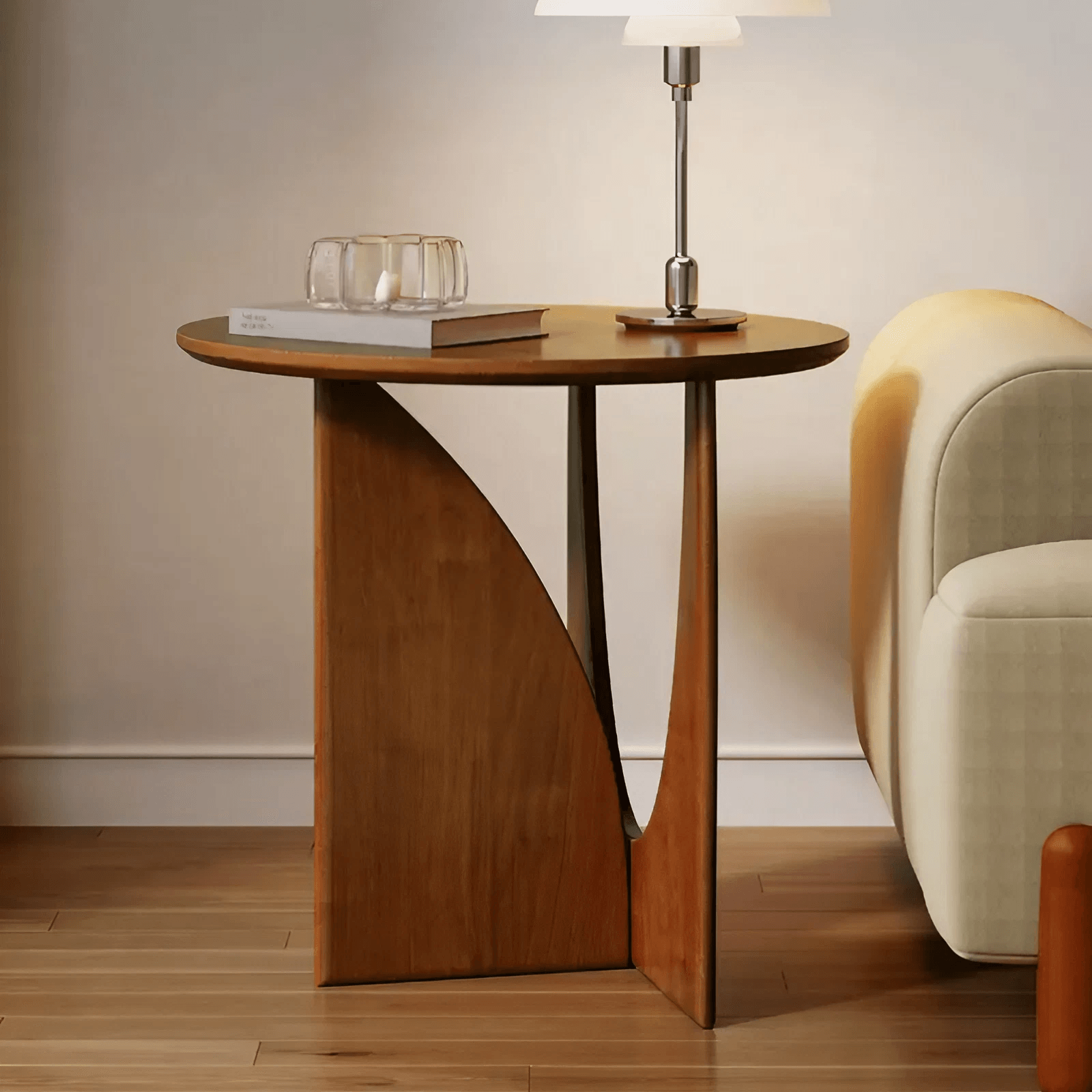 Light Luxury Designer Corner Table Round Wood Side Table - Walnut/Oak ...