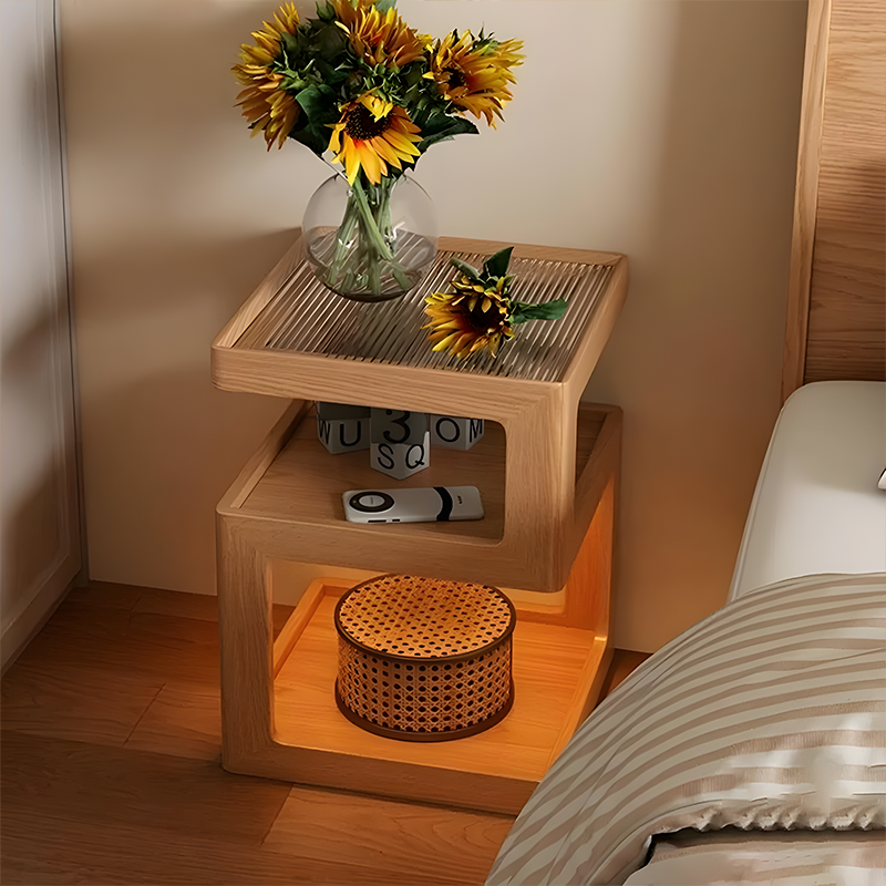 Modern Solid Wood Nightstand with 3-Tier Storage – S-Shaped Bedside Ta ...