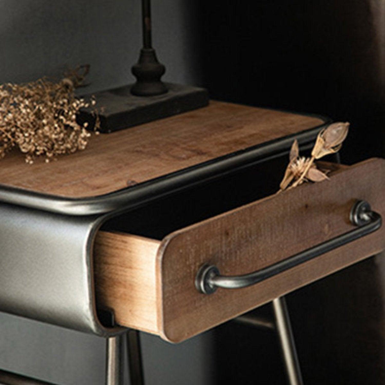 Retro Side Table with Drawer & Shelf Wooden top Metal Legs – Woodartdeal