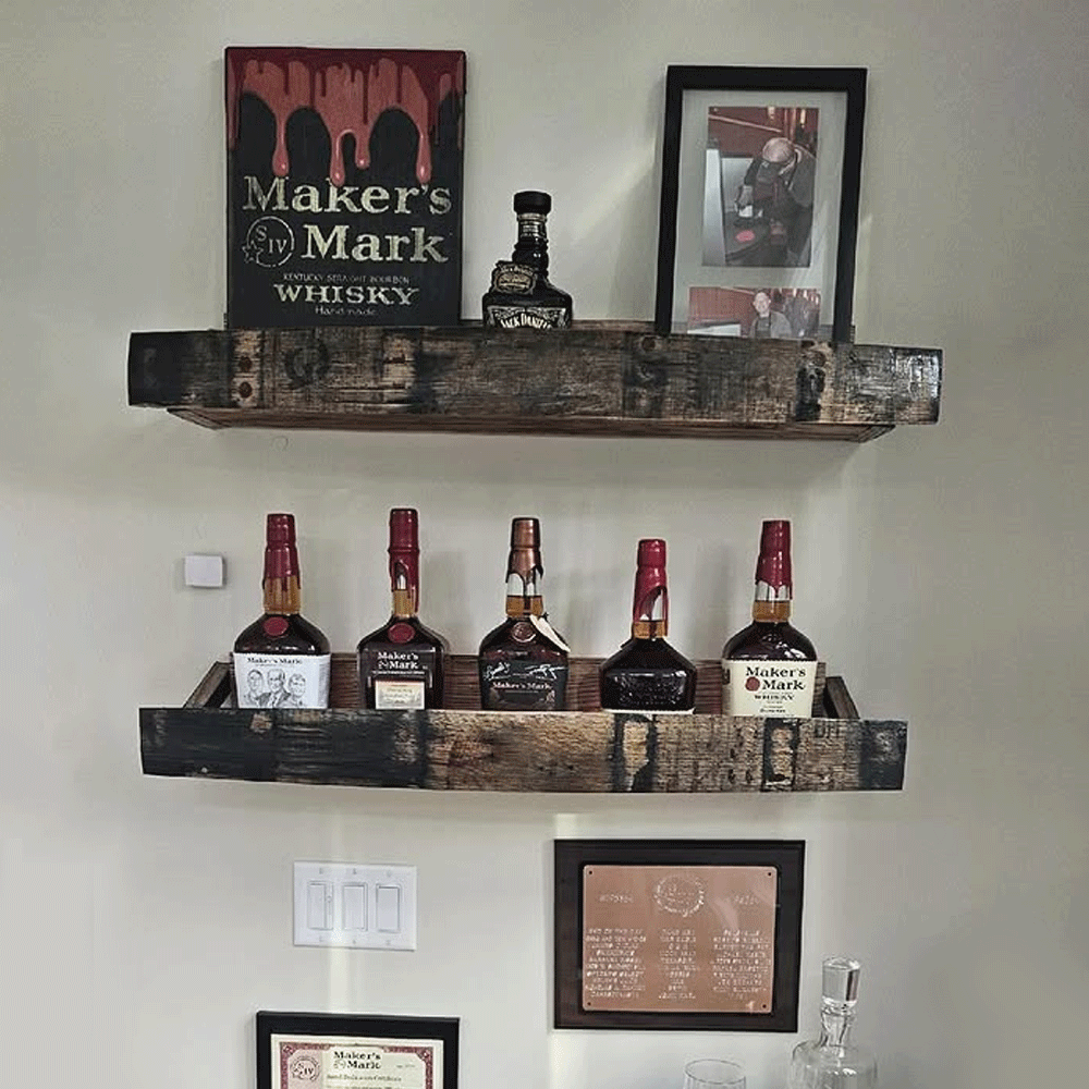 Woodartdeal Whiskey barrel stave shelf, liquor display shelf, Set of 2