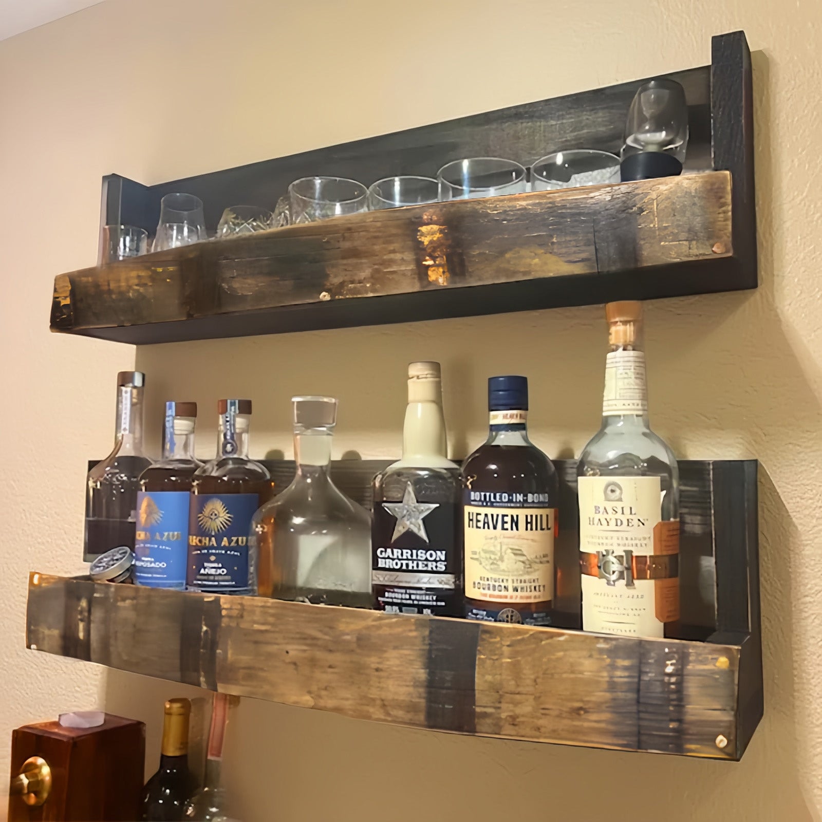 Woodartdeal Whiskey barrel stave shelf, liquor display shelf, Set of 2
