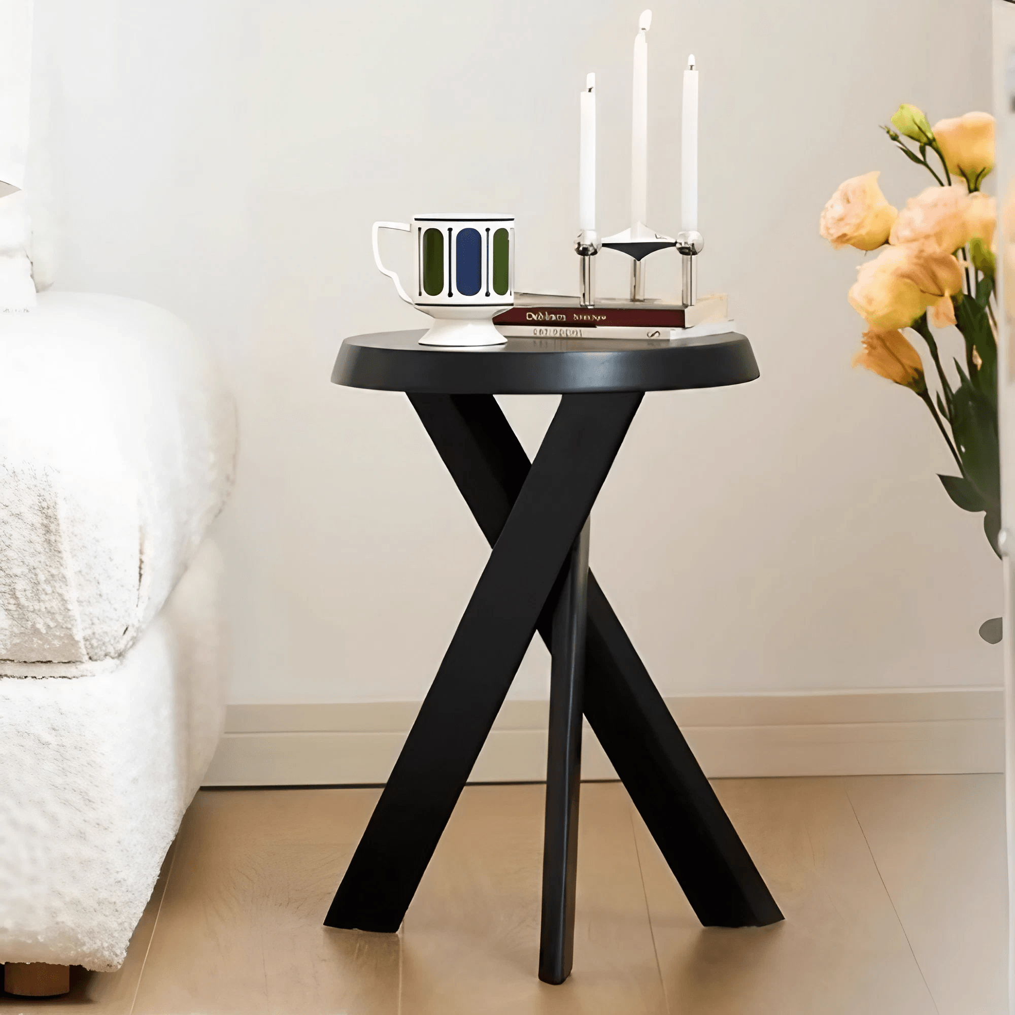Solid Wood Round Side Table with Cross Legs Living Room Tray Table Dre ...