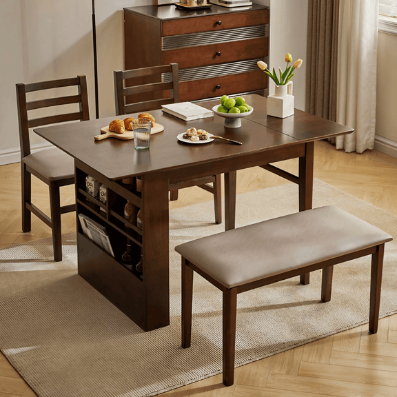 Solid Wood Folding Dining Table With Three-Layer Storage Cabinet - Oak ...
