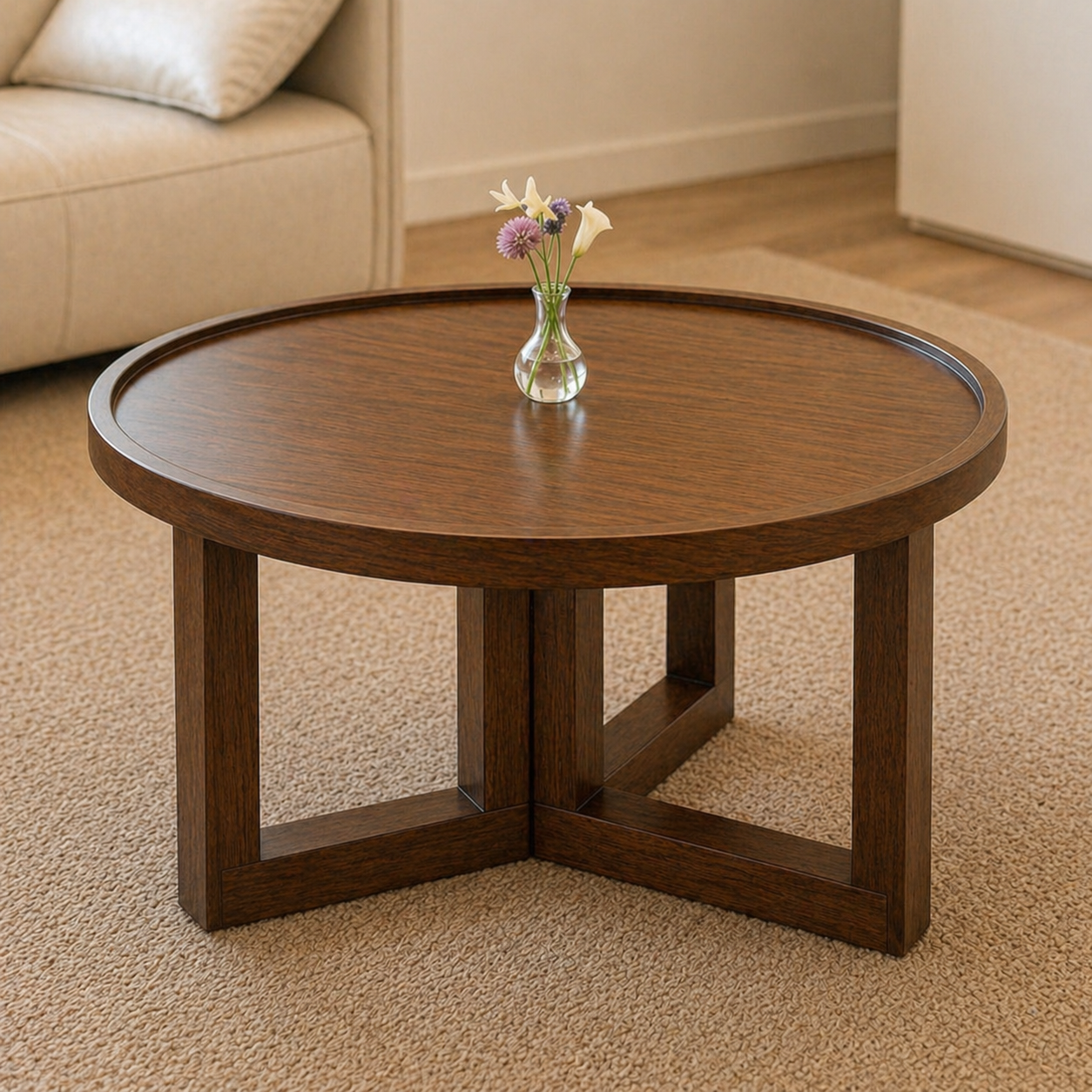 Solid Wood Round Coffee Table, Nordic-Style Living Room Table, Low-Pro ...