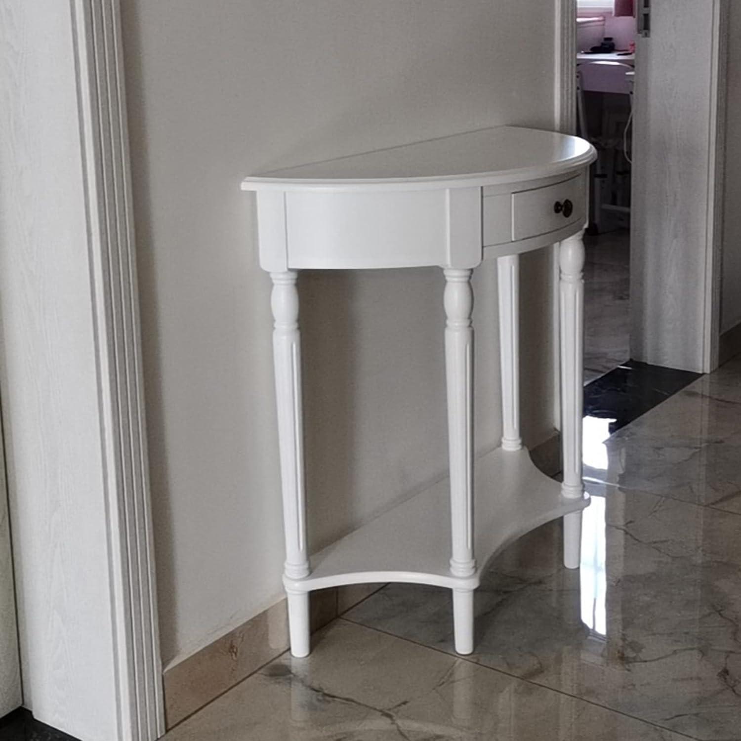 Woodartdeal Solid Wood Half Moon Console Table With Shelf And Drawer